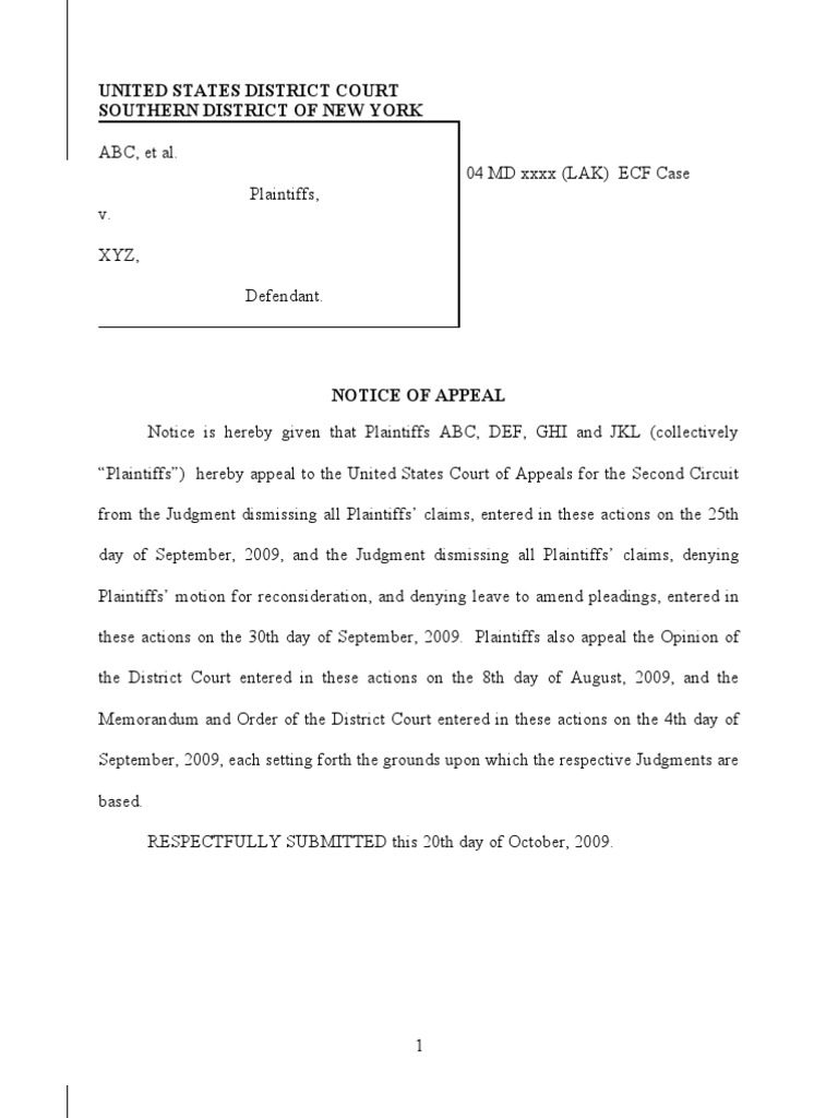 Notice of Appeal - ABC v. XYZ | PDF