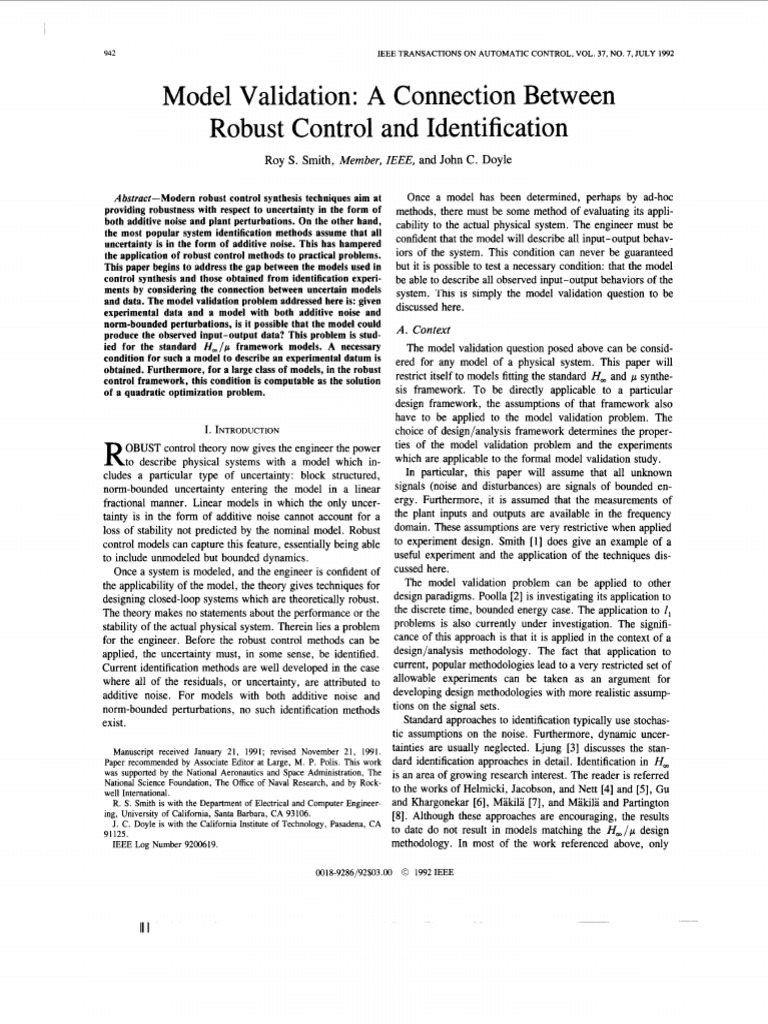 Model Validation: Robust Control and Identification: A Connection ...
