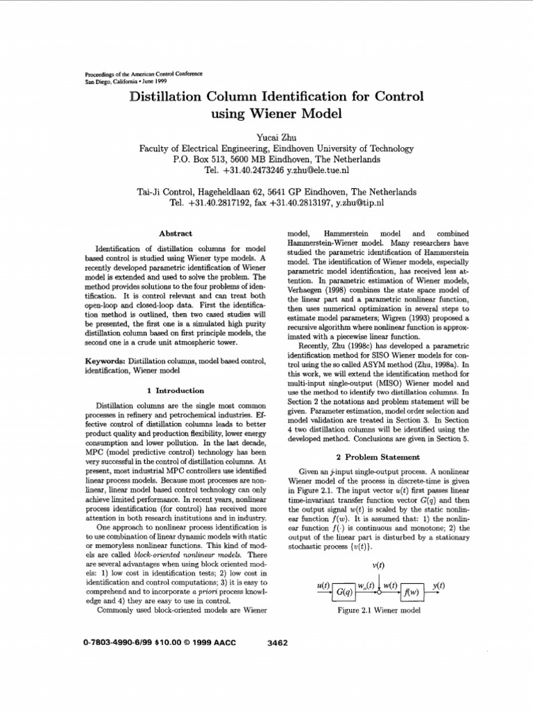 Distillation Column Identification Control Using Wiener Model Pdf Least Squares Nonlinear