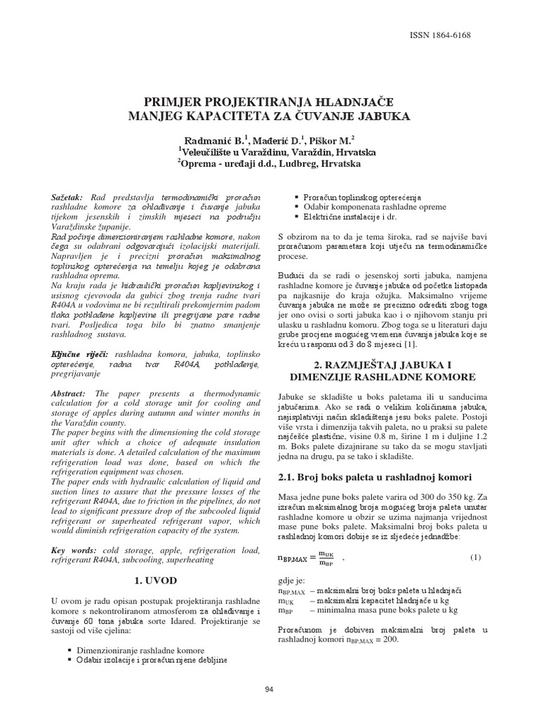 Primjer Projektiranja Hladnjace Manjeg Kapaciteta Za Cuvanje Jabuka | PDF