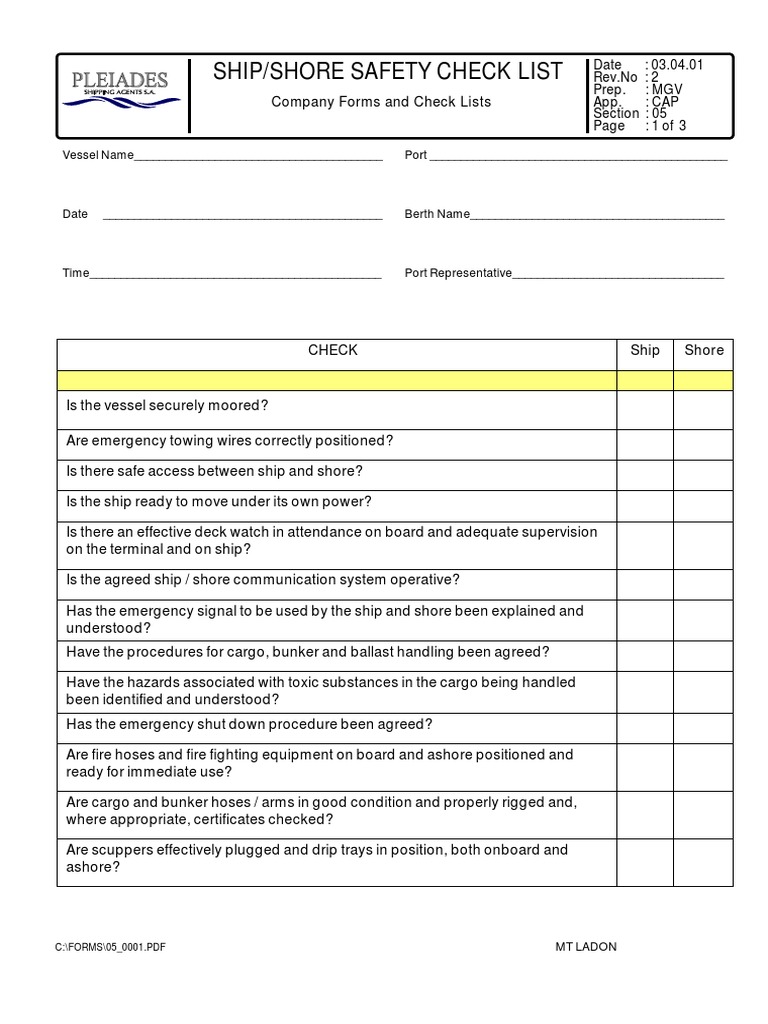 Ship/Shore Safety Check List: Company Forms and Check Lists | PDF ...