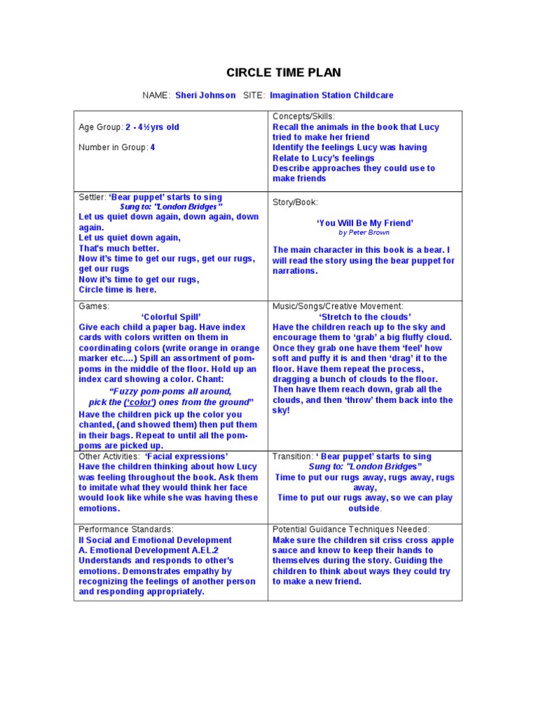 Circle Time Plan 3 | PDF