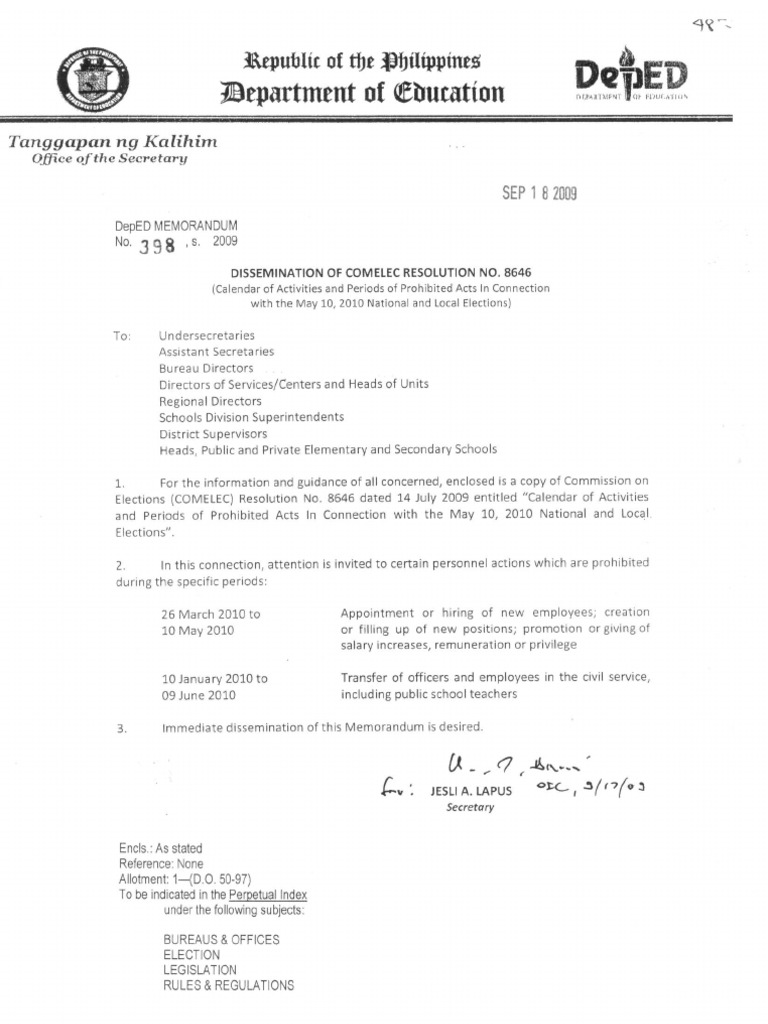 Deped Departmental Memorandum No. 398, S. 2009 | PDF | Commission On ...