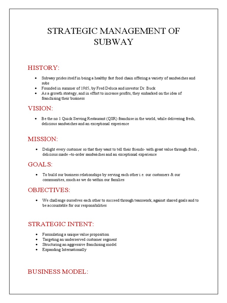 Subway Strategic Management Overview | PDF | Career & Growth