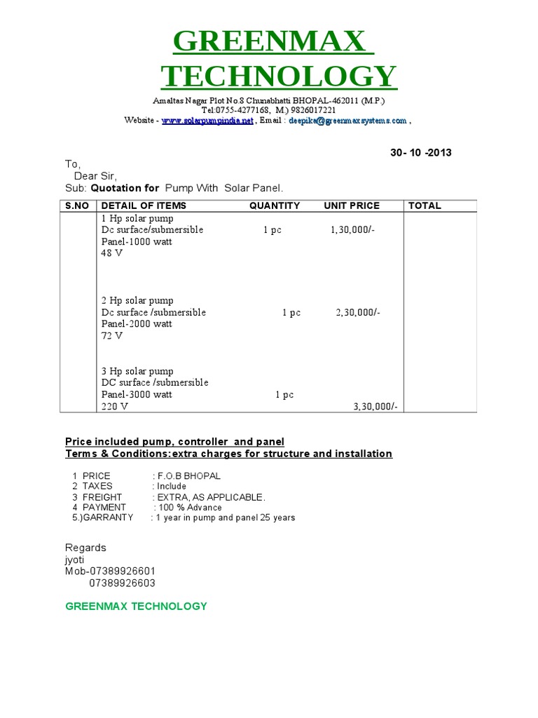 Solar Pump Quotation from Greenmax | PDF