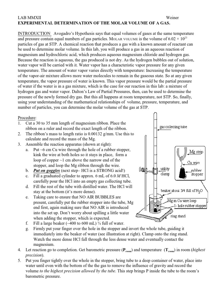 Lab Experimental Determination of The Molar Volume of A Gas Revised ...