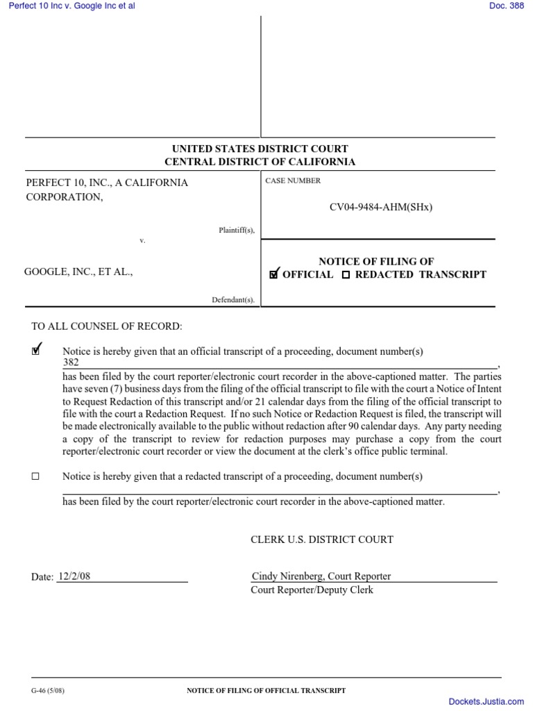 388.0 Notice of Filing Transcript (G-46) | PDF