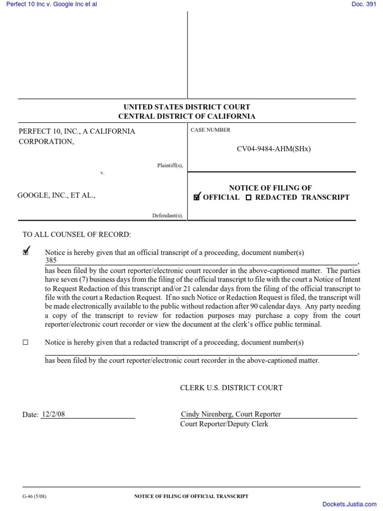 391.0 Notice of Filing Transcript (G-46) | PDF