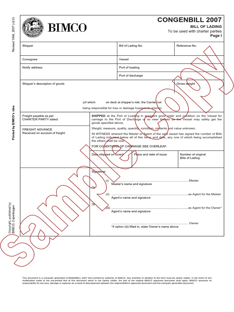 CONGENBILL 2007: BIMCO Bill of Lading | PDF | Bill Of Lading | Cargo