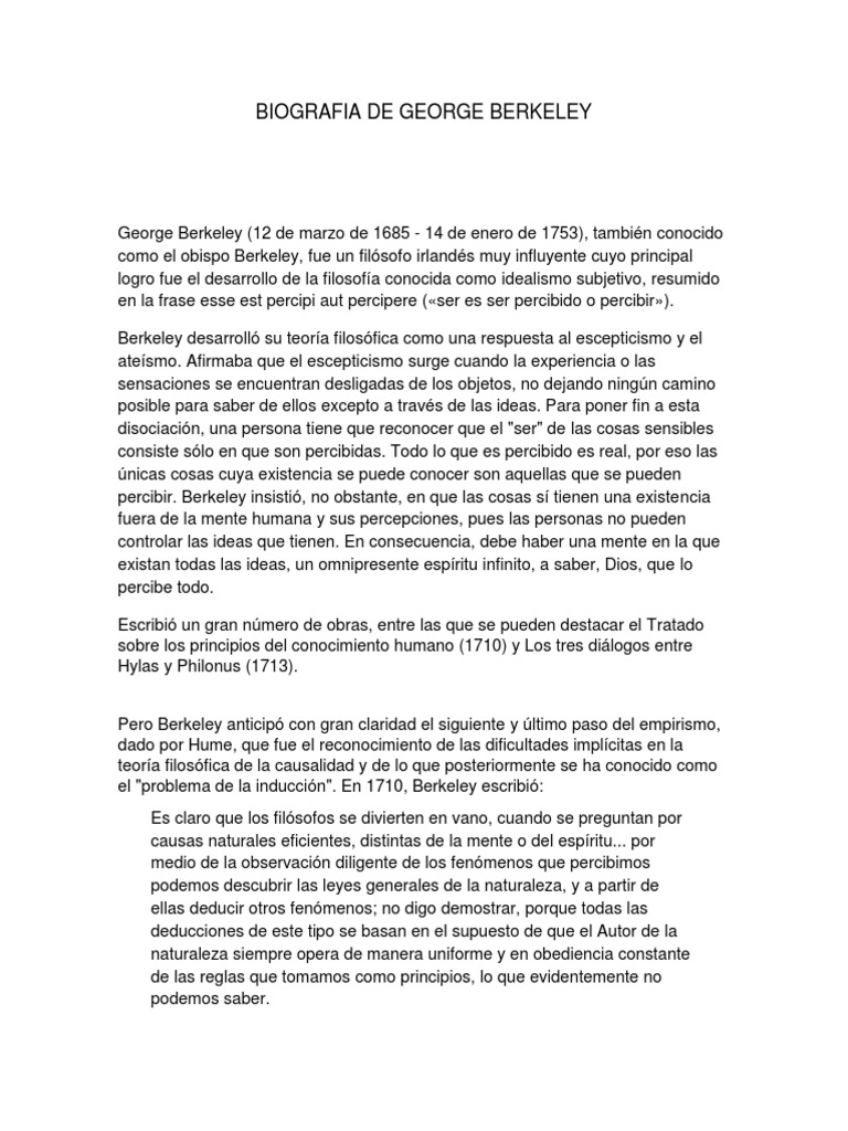 Biografia de George Berkeley | PDF | Filosofía | Ciencia y matemáticas