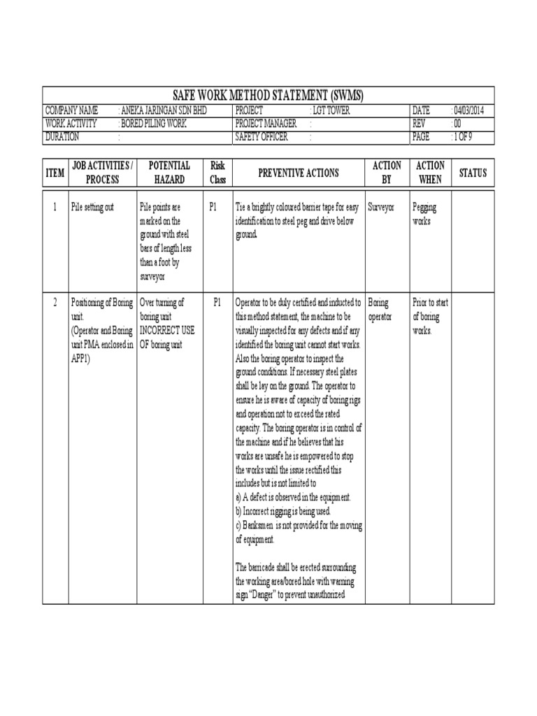LGT - SWMS - Bored Pile Works | PDF | Crane (Machine) | Deep Foundation