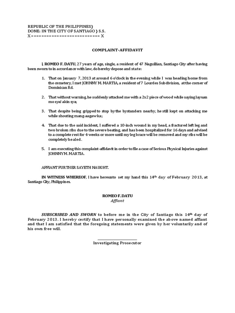 Complaint-Affidavit For Serious Physical Injuries | PDF