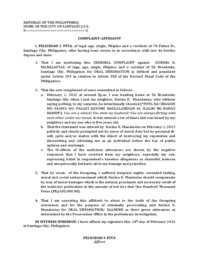 Oral Defamation Complaint Example | PDF | Defamation | Crime & Violence
