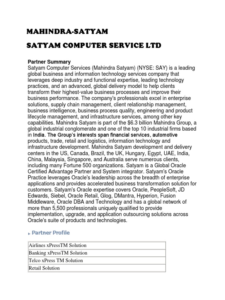 Mahindra-Satyam Satyam Computer Service LTD: Partner Summary | PDF ...