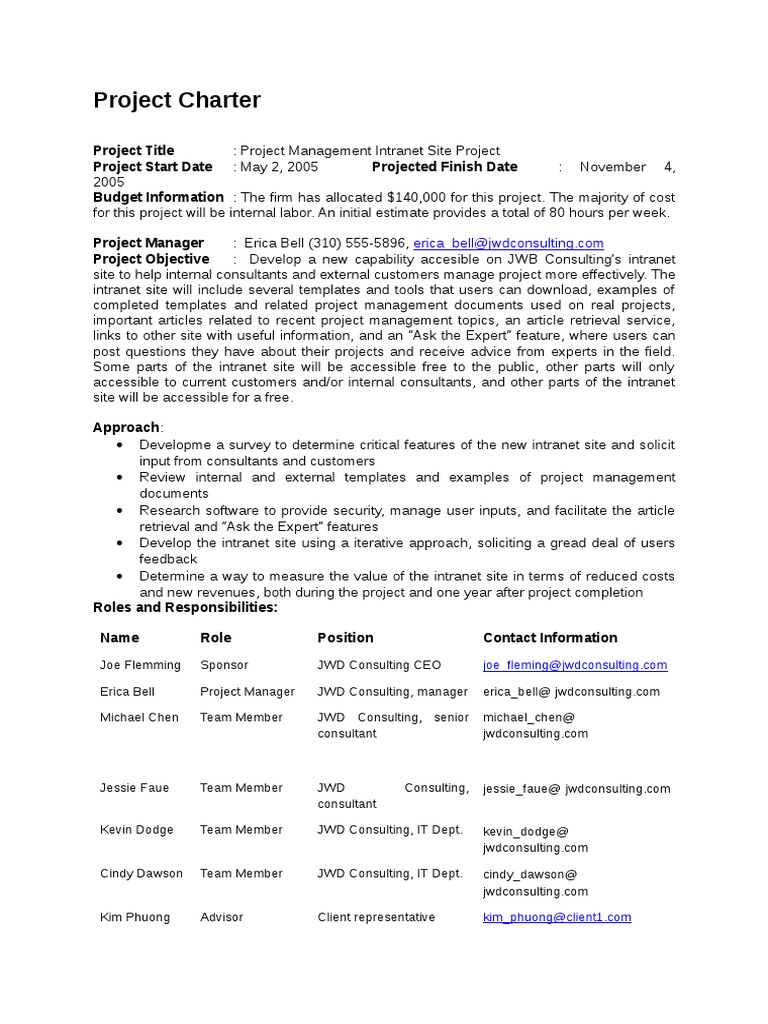 Project Charter Intranet Site Project | PDF | Leadership | Production ...