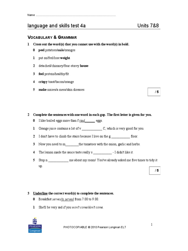 Language and Skills Test 4A | PDF | Eating | Eating Behaviors