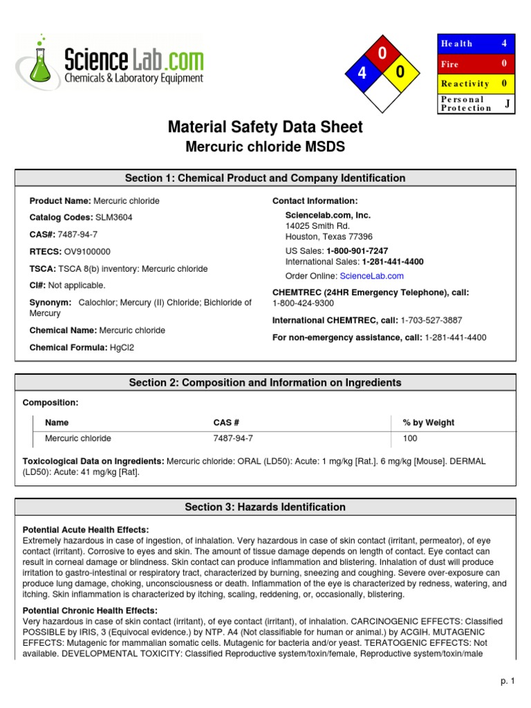 Mercuric Chloride MSDS: Section 1: Chemical Product and Company ...