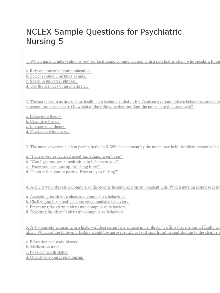 NCLEX Sample Questions For Psychiatric Nursing 5 | PDF | Anxiety ...