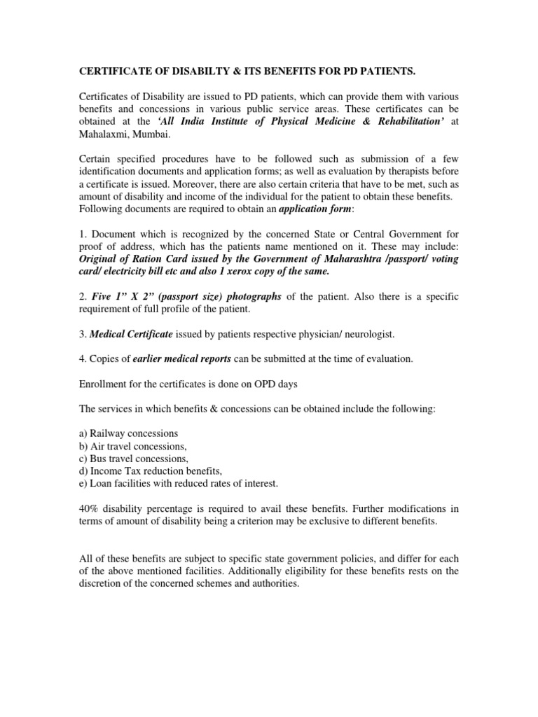 Certificate of Disabilty | Disability | Physical Therapy