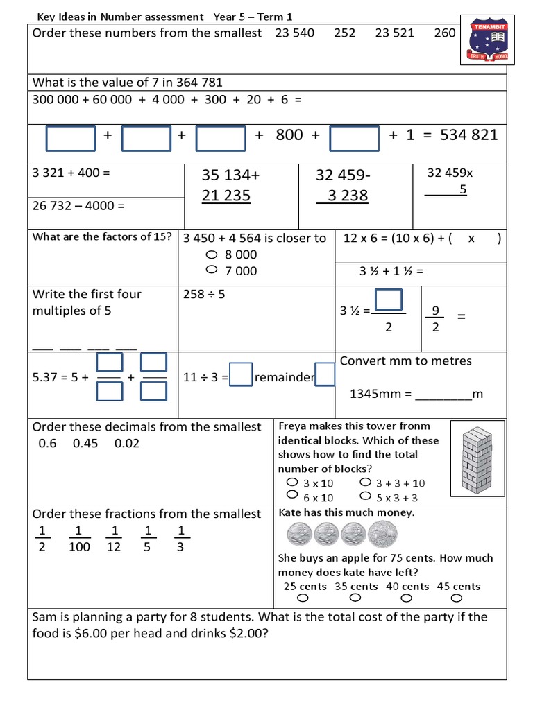 Tenambit PS Maths Key Ideas Ass Yr5 T1 | Fraction (Mathematics ...