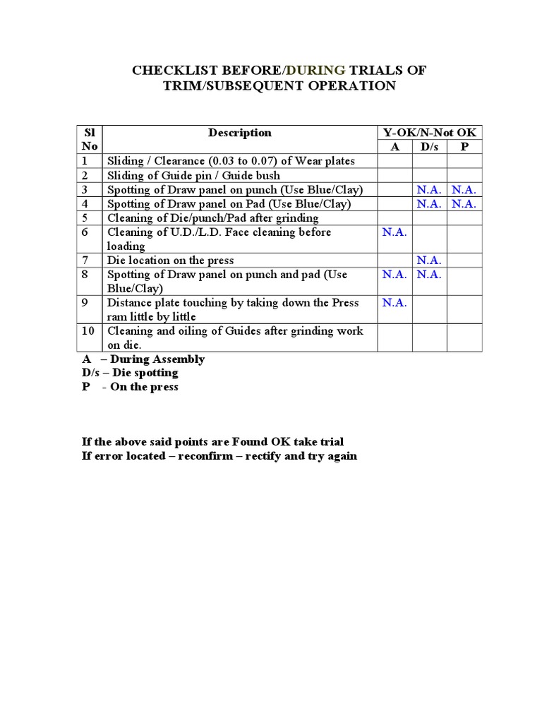Checklist Before/ Trials of Trim/Subsequent Operation: SL No ...