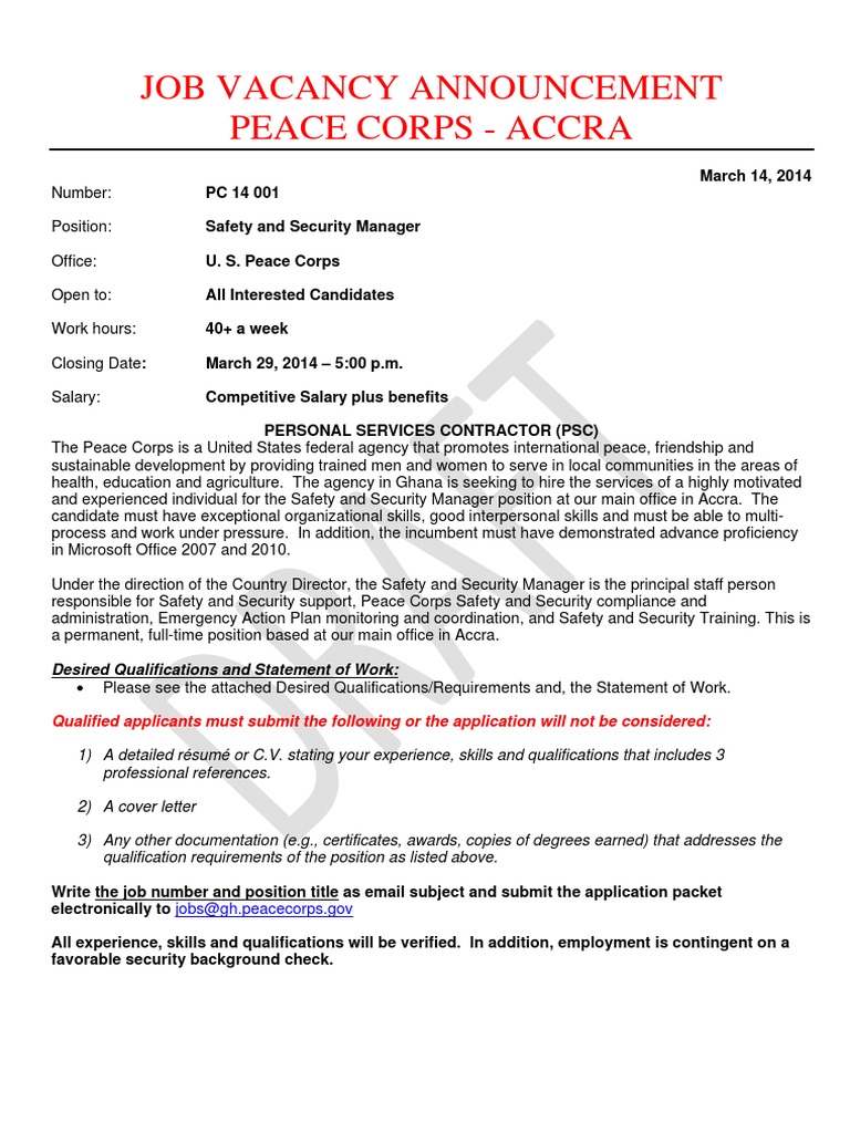 Peace Corps Safety and Security Manager | PDF | Peace Corps | Résumé