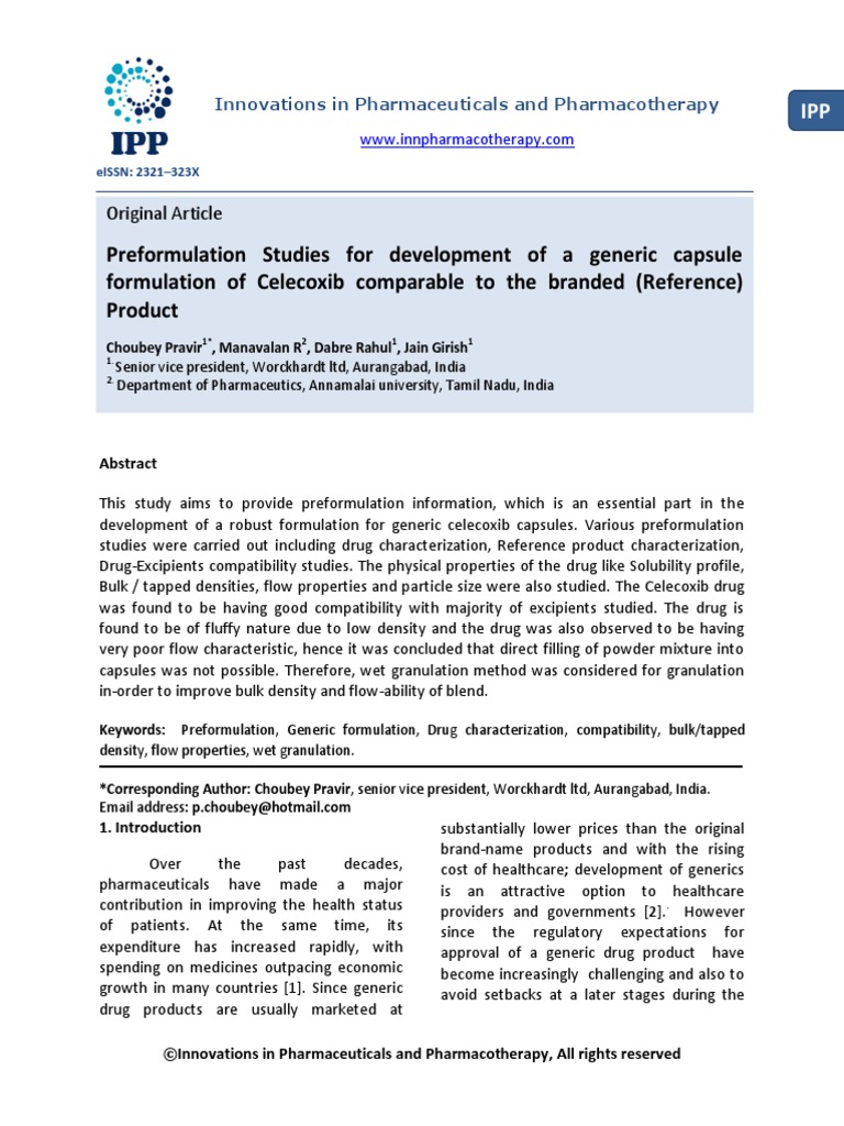 Preformulation Studies For Development of A Generic Capsule Formulation ...