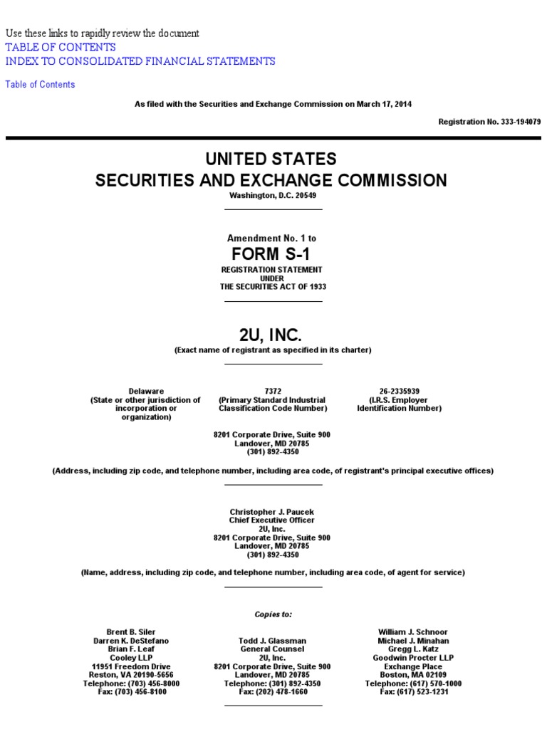 2U, Inc S-1 Filing | PDF | Stocks | Educational Technology