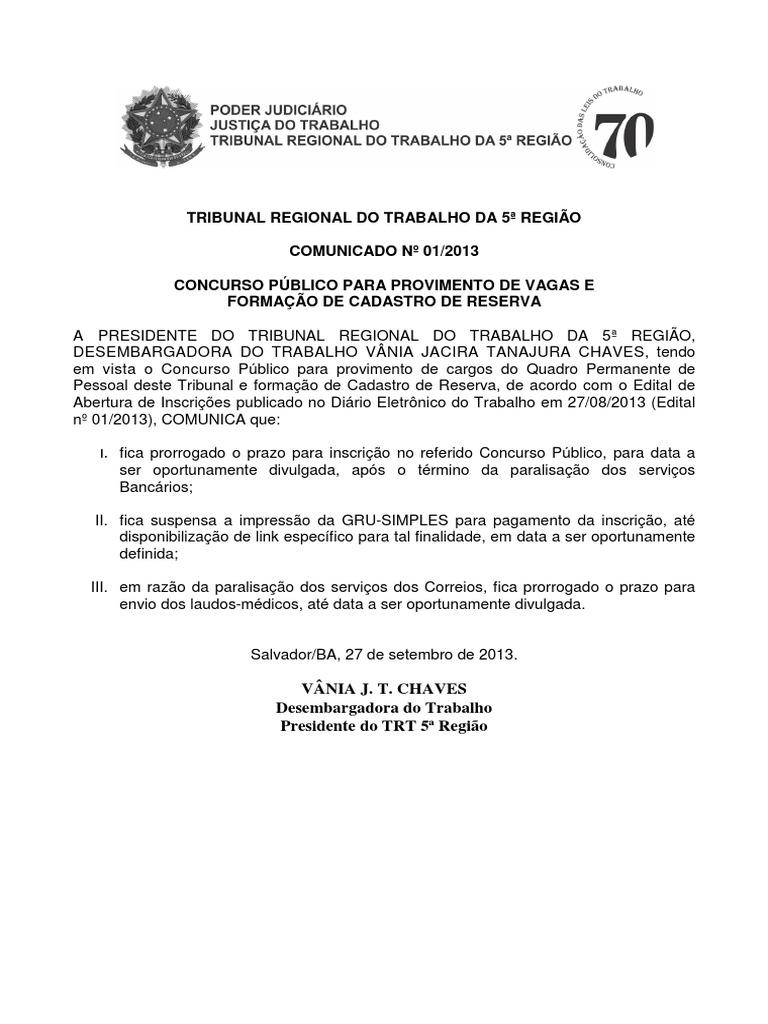 TRT 5 Região - Comunicado | PDF | Governo | Judiciário (sistema de justiça)