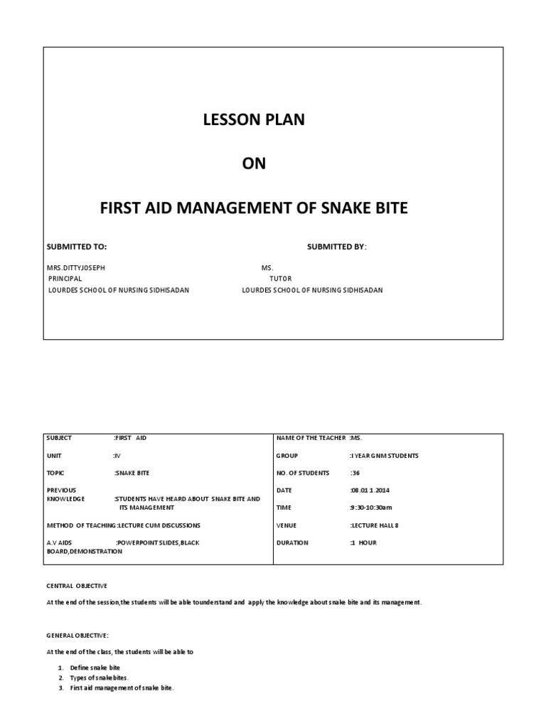 3.FIRST AID Snakebite LESSON PLAN | PDF | Snake | Venomous Snakes