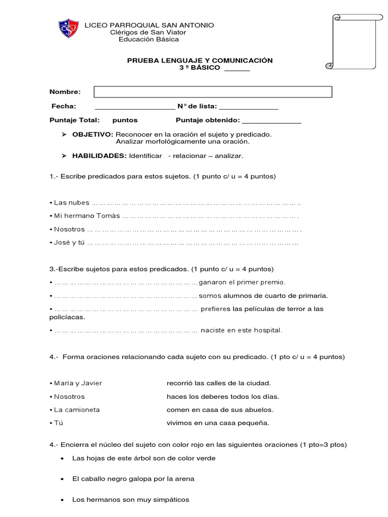 Evaluación de Sujeto y Predicado 3° Básico | PDF | Artes del Lenguaje y ...