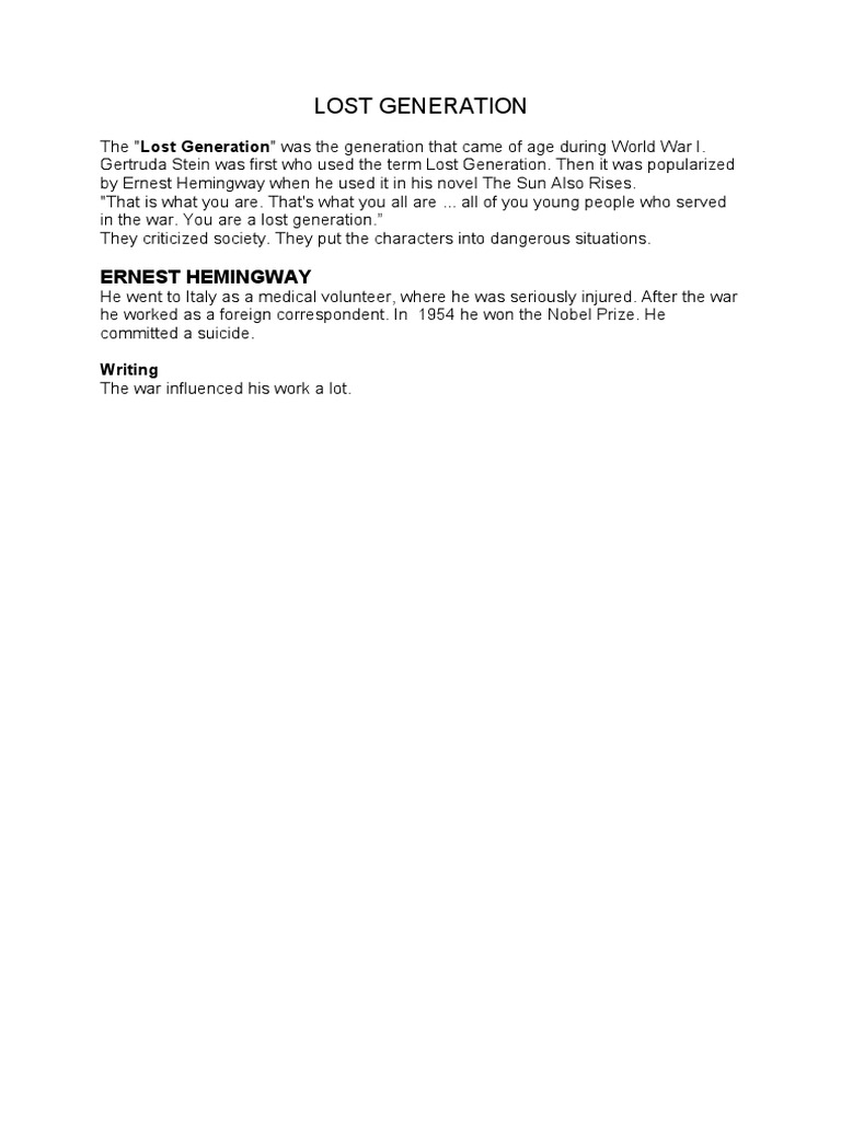 Lost Generation: Ernest Hemingway | PDF | History