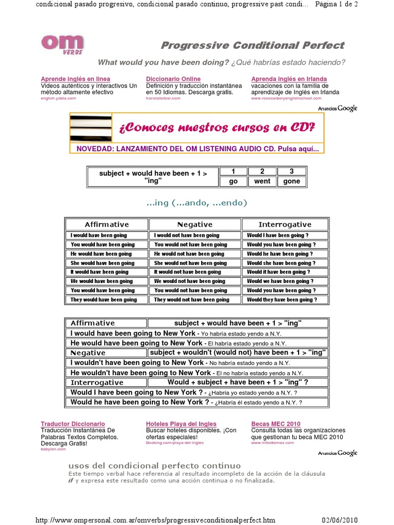 Verbal Tenses Progressive Conditional Perfect | PDF | Grammar | Syntax