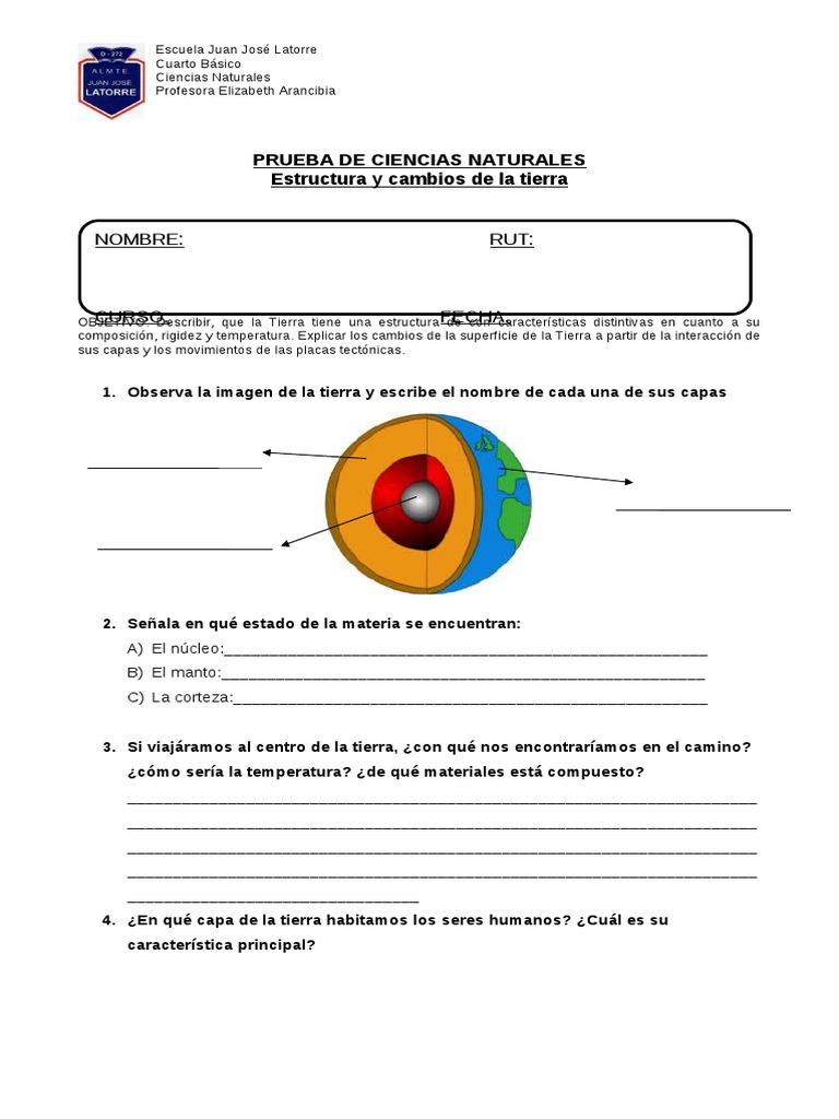Prueba de Ciencias Naturales: Capas de la Tierra | PDF