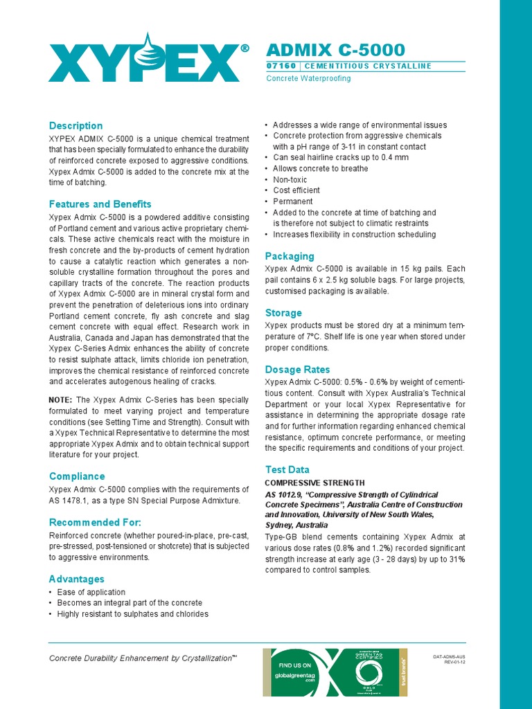 Xypex C-5000 Datasheet 2013 | PDF | Concrete | Reinforced Concrete