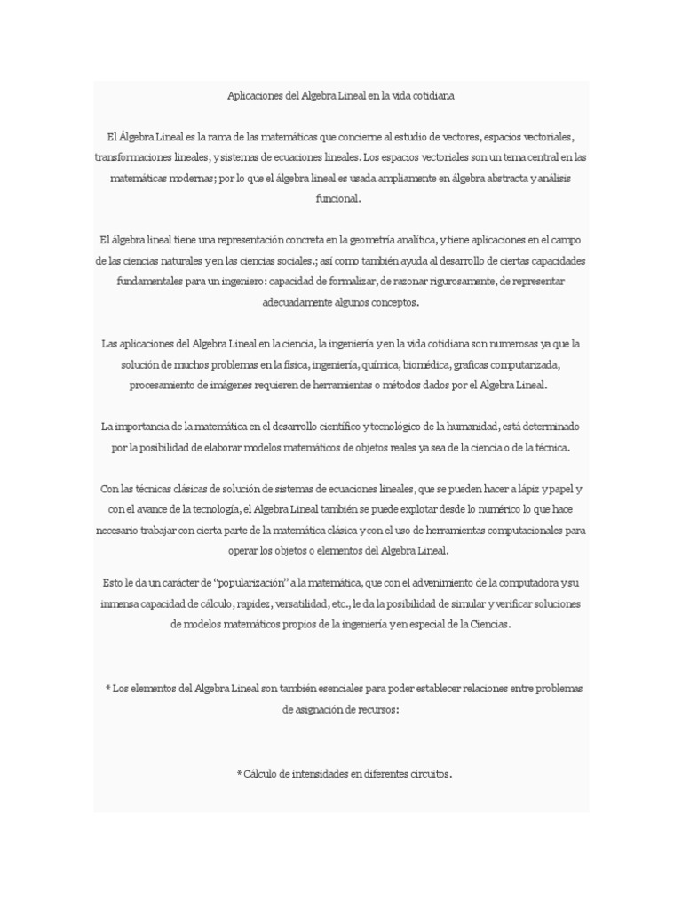 Aplicaciones Del Algebra Lineal en La Vida Cotidiana | PDF | Álgebra lineal | Espacio vectorial