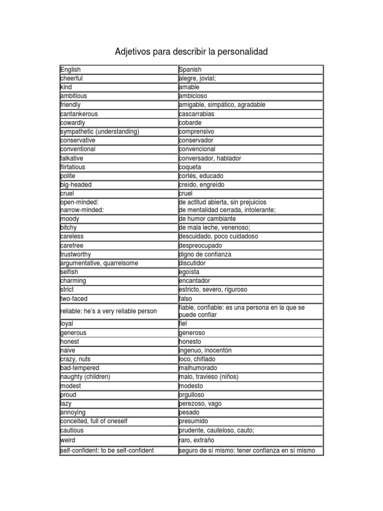 Adjetivos para Describir La Personalidad | PDF