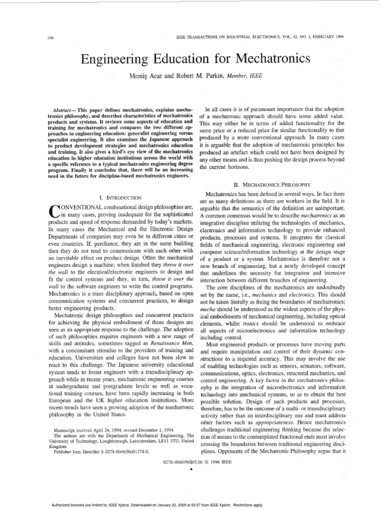 Engineering Education for Mechatronics: Preparing Renaissance Engineers for an Integrated ...