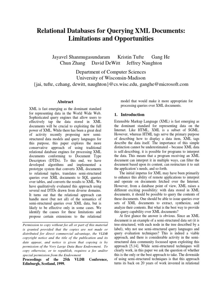 Relational Databases For Querying Xml Documents Limitations And Opportunities Pdf Xml Schema