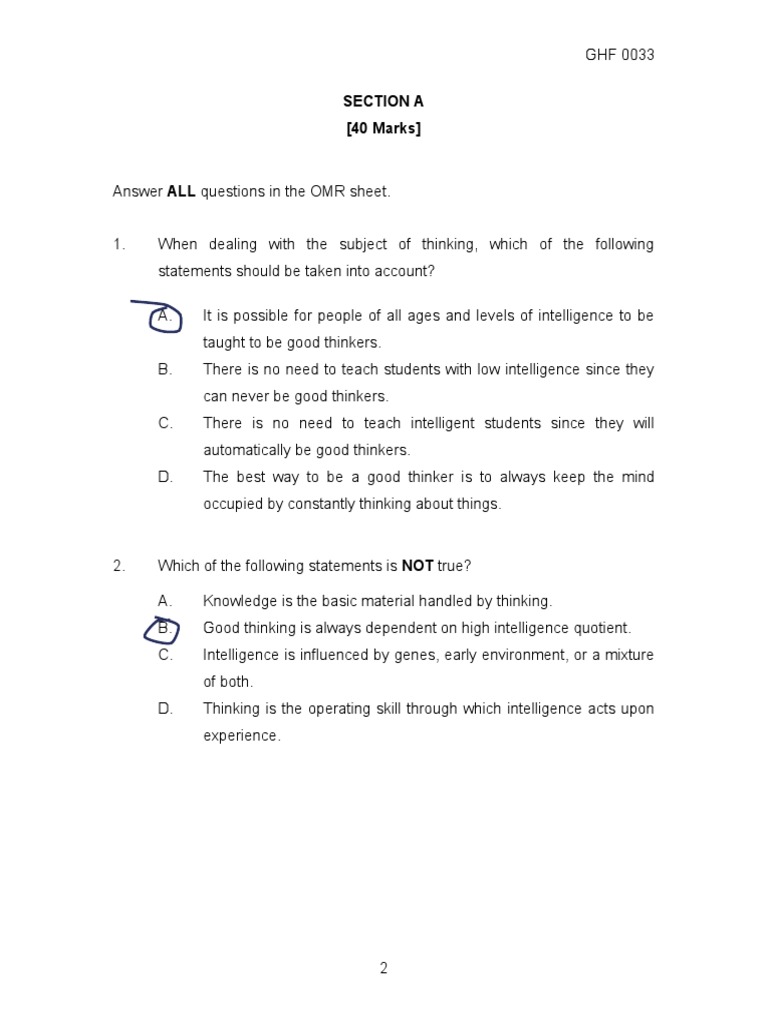 Sample MCQ | PDF | Thought | Critical Thinking