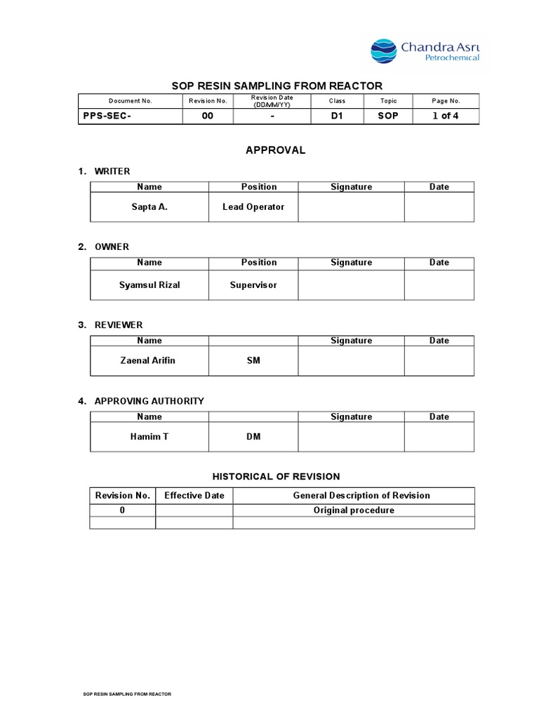 SOP Sampling Resin From Reactor | PDF | Energy And Resource