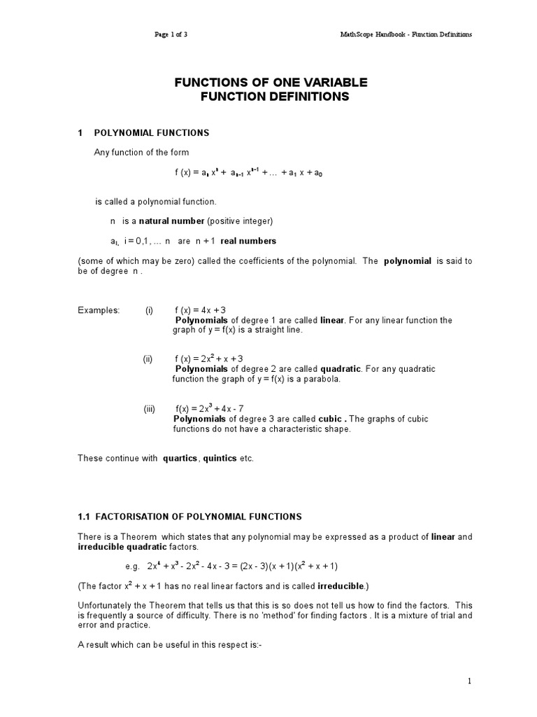 Functions of One Variable Function Definitions | PDF | Factorization ...