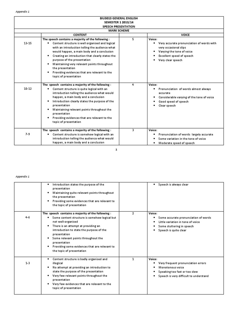 Appendix 1 - Mark Scheme For Speech Presentation | PDF