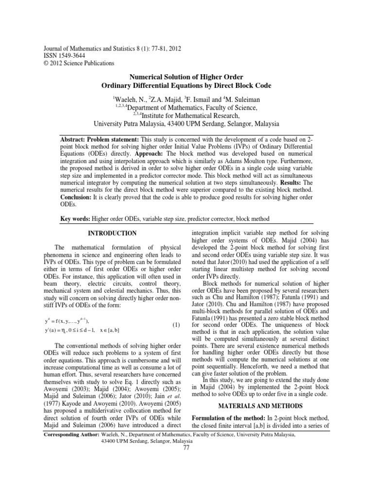 Numerical Solution of Higher Order Ordinary Differential Equations by ...