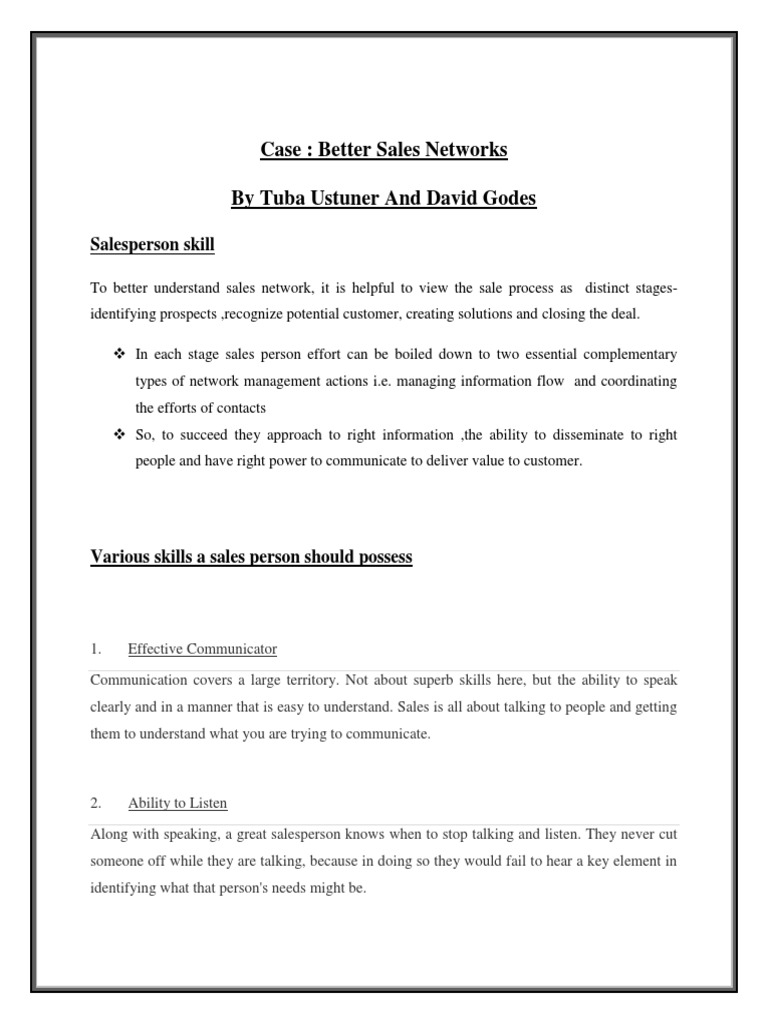 Case: Better Sales Networks by Tuba Ustuner and David Godes | PDF ...