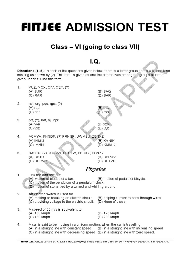 Fiitjee: Admission Test | PDF | Nature | Physical Sciences