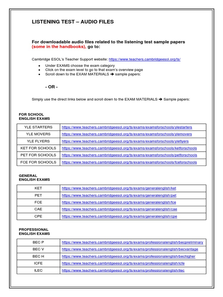 For Downloadable Audio Files Related To The Listening Test Sample ...