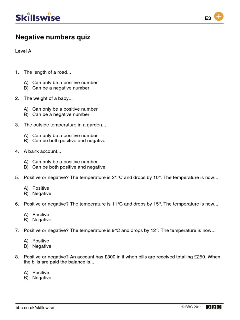 Negative Numbers Quiz | PDF | Nature