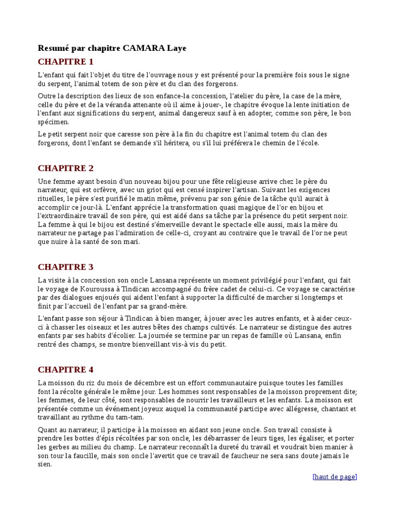 Résumé des chapitres de Camara Laye | PDF