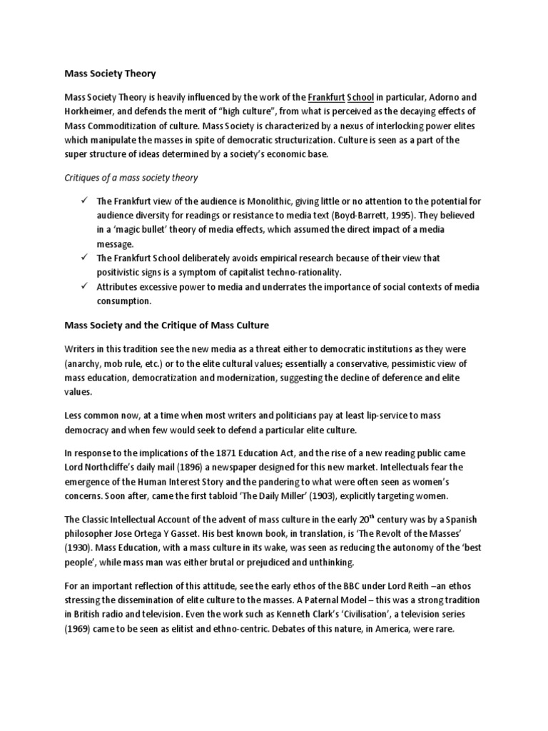 Mass Society Theory | PDF | Frankfurt School | Mass Media